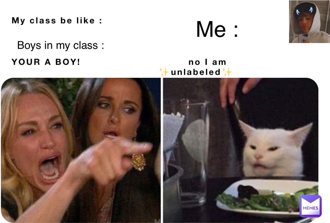 My class be like : YOUR A BOY! no I am unlabeled Boys in my class : Me ...