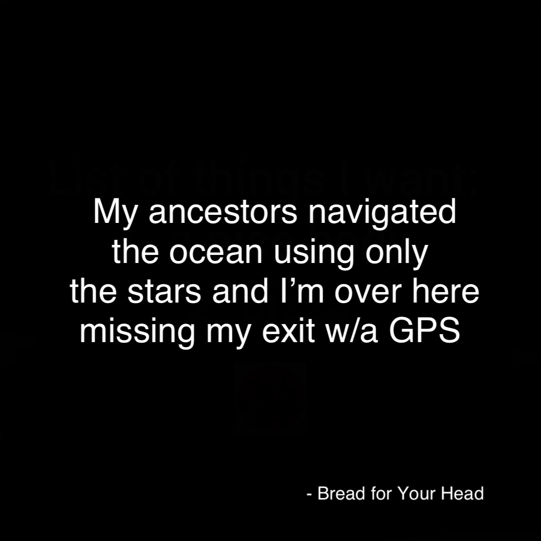 My Ancestors Navigated The Ocean Using Only The Stars And I M Over Here Missing My Exit W A Gps