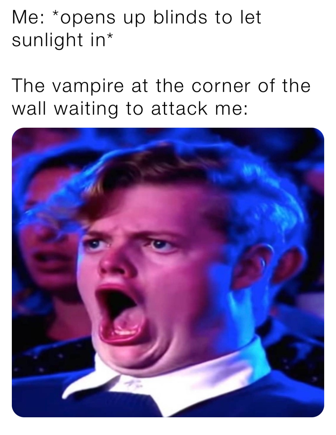 Me: *opens up blinds to let sunlight in* The vampire at the corner of ...
