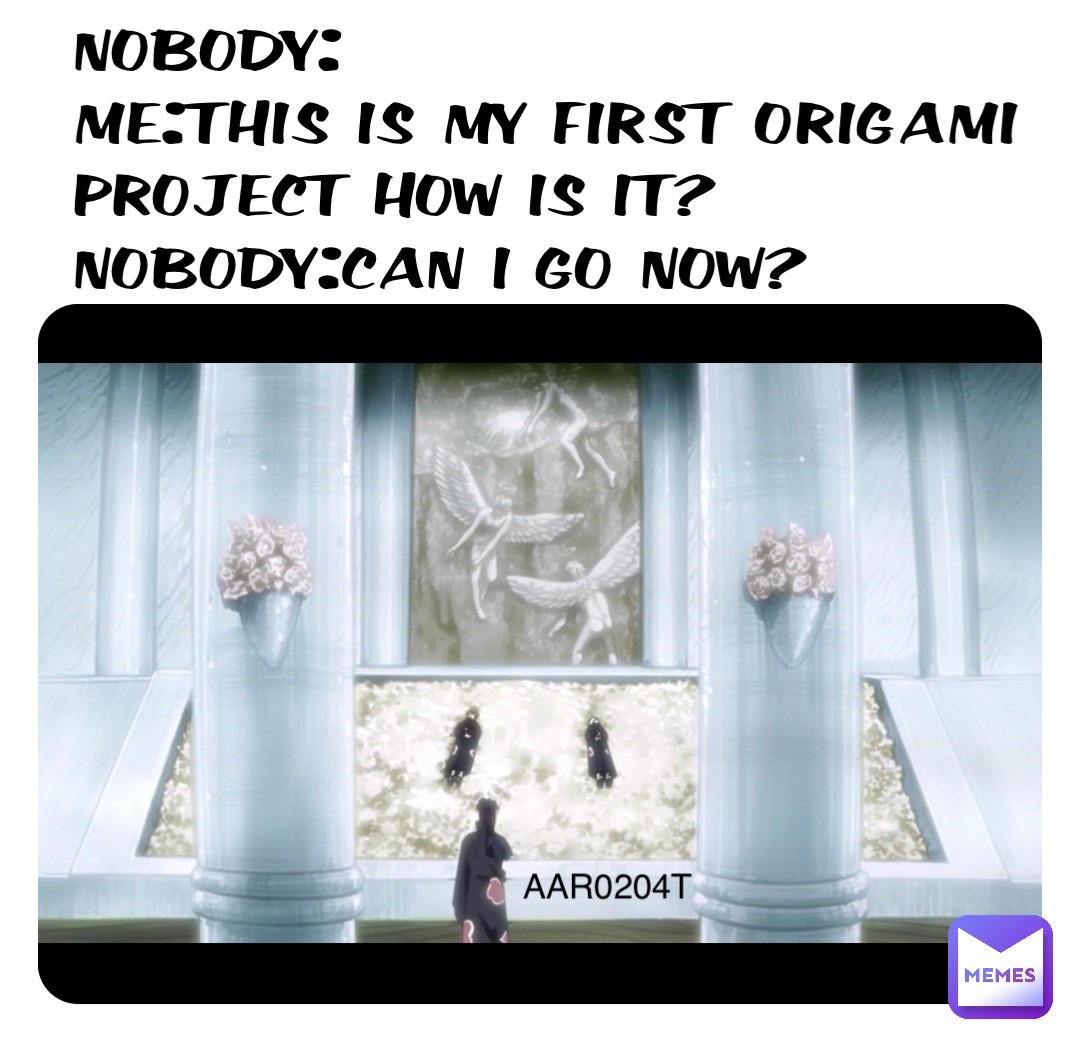 NOBODY: ME:THIS IS MY FIRST ORIGAMI PROJECT HOW IS IT? NOBODY:CAN I GO ...