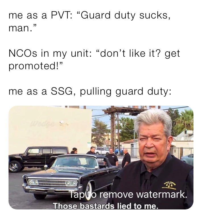 me as a PVT: “Guard duty sucks, man.” NCOs in my unit: “don’t like it ...