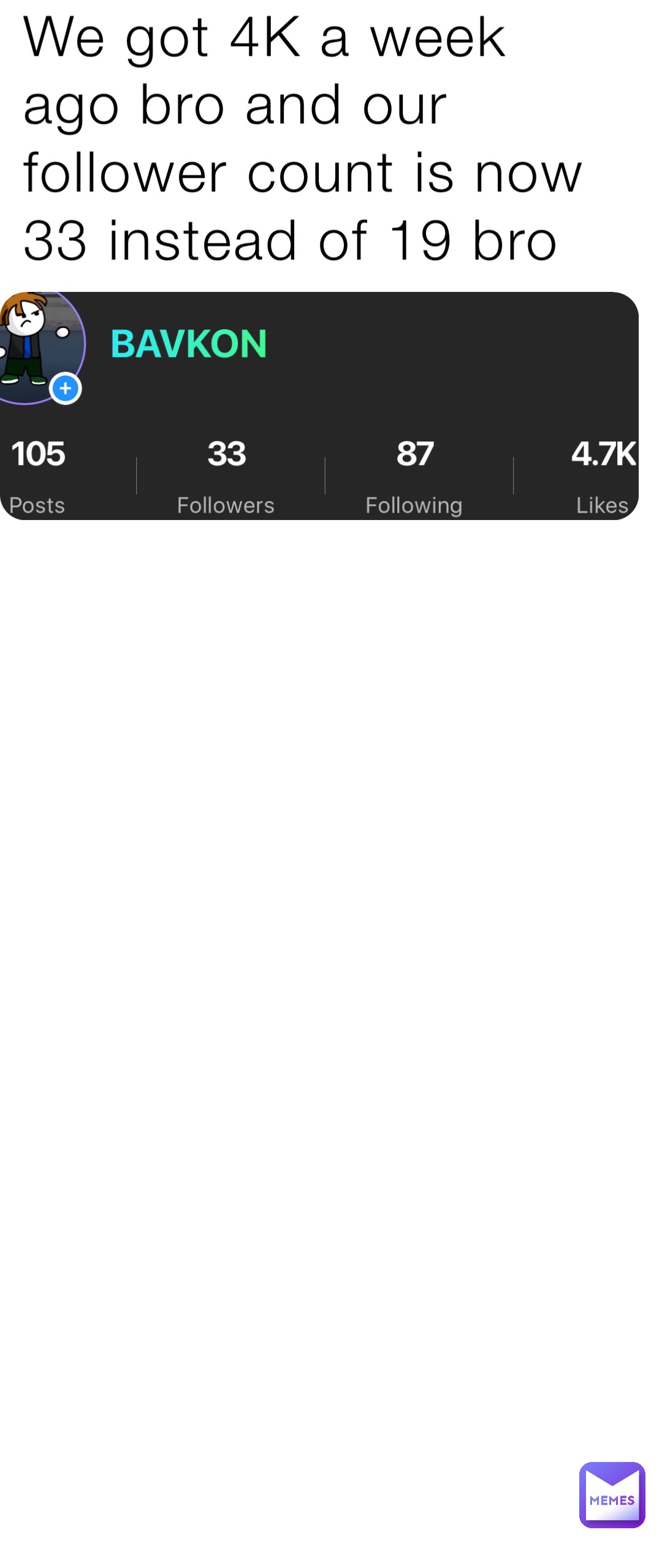 We got 4K a week ago bro and our follower count is now 33 instead of 19 ...