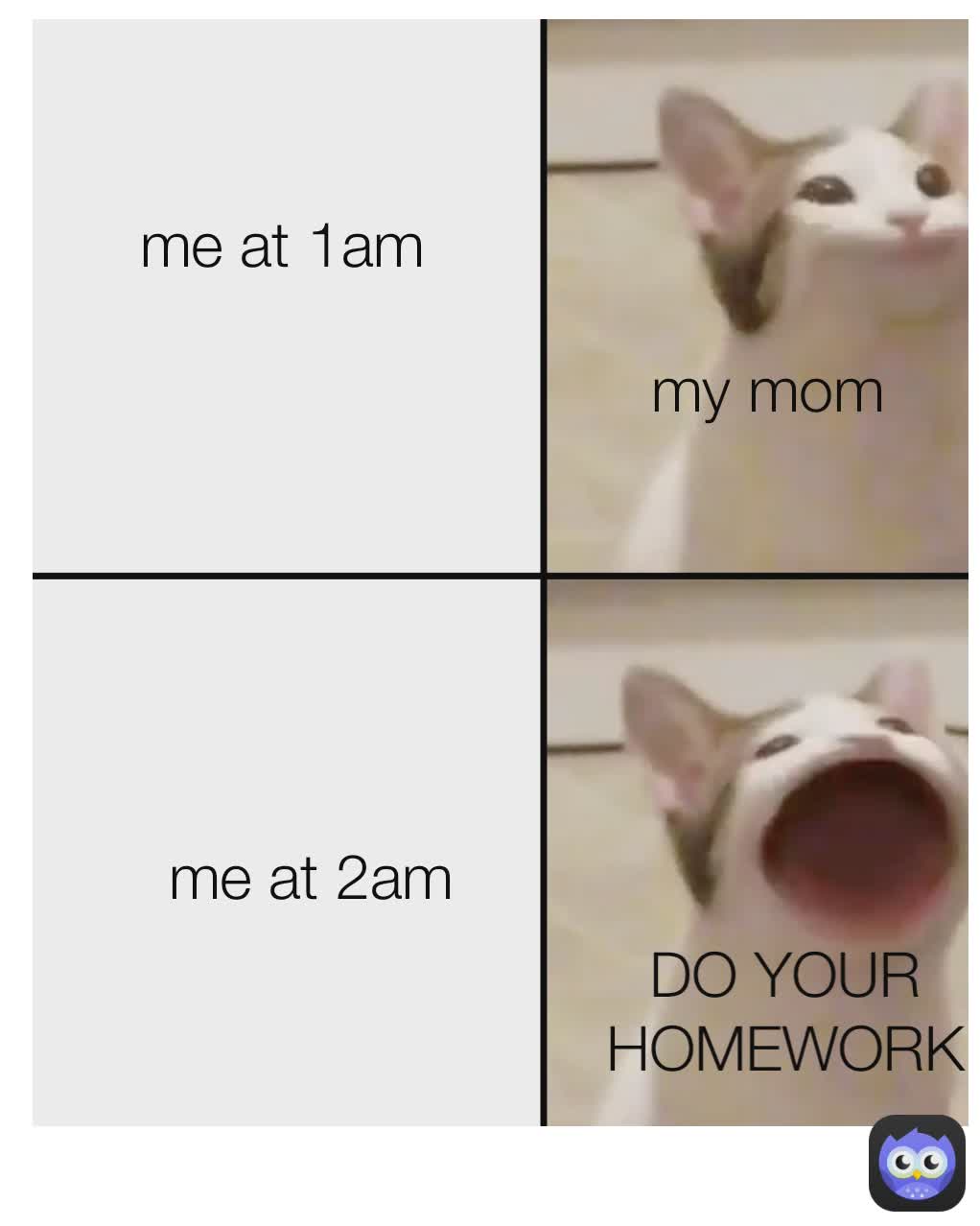 my mom me at 1am DO YOUR HOMEWORK me at 2am | @oofland | Memes