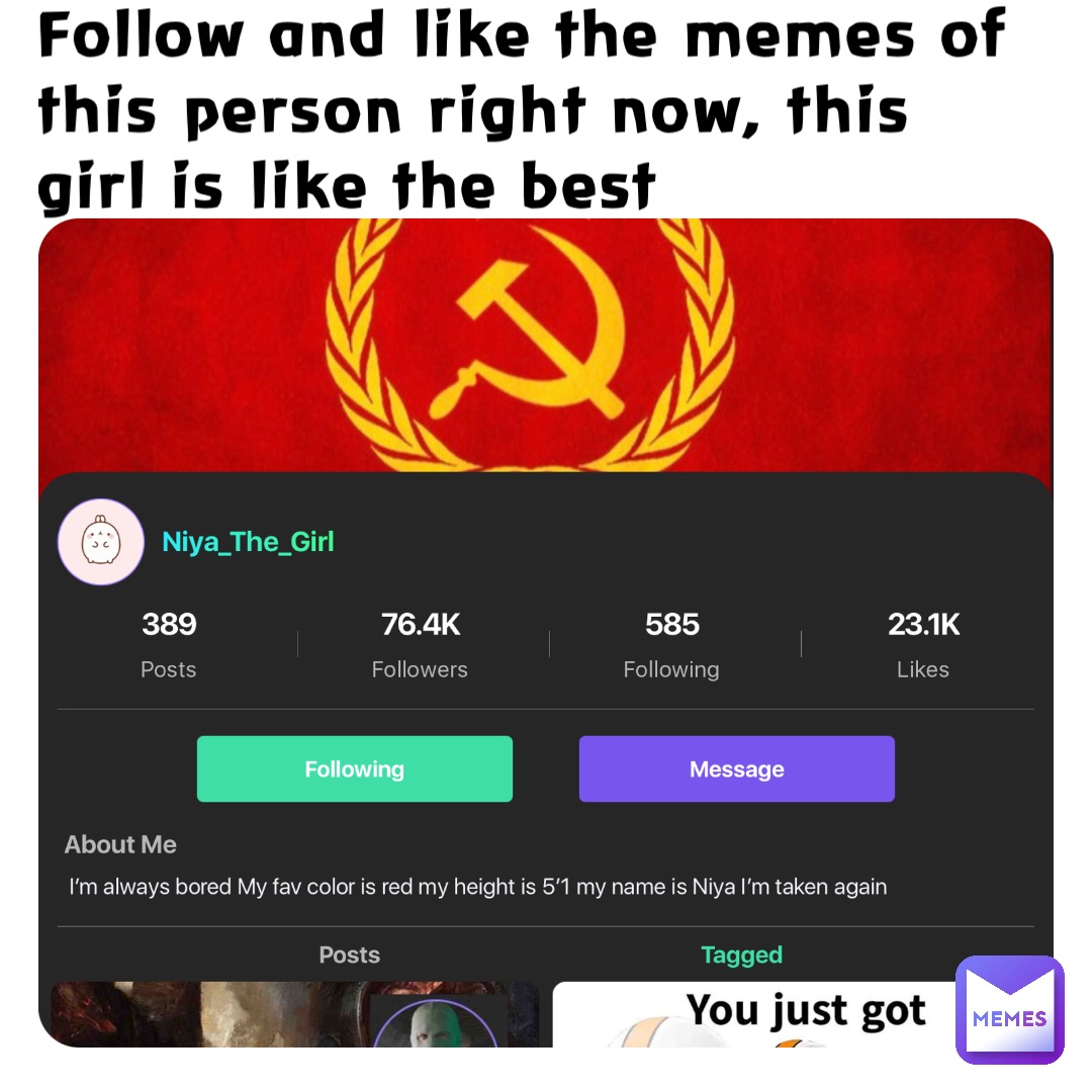 Follow and like the memes of this person right now, this girl is like ...