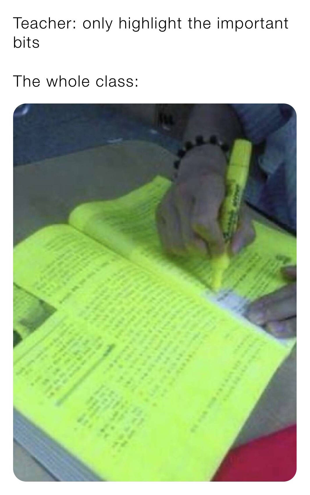 Teacher: only highlight the important bits The whole class: | @memeur3 ...