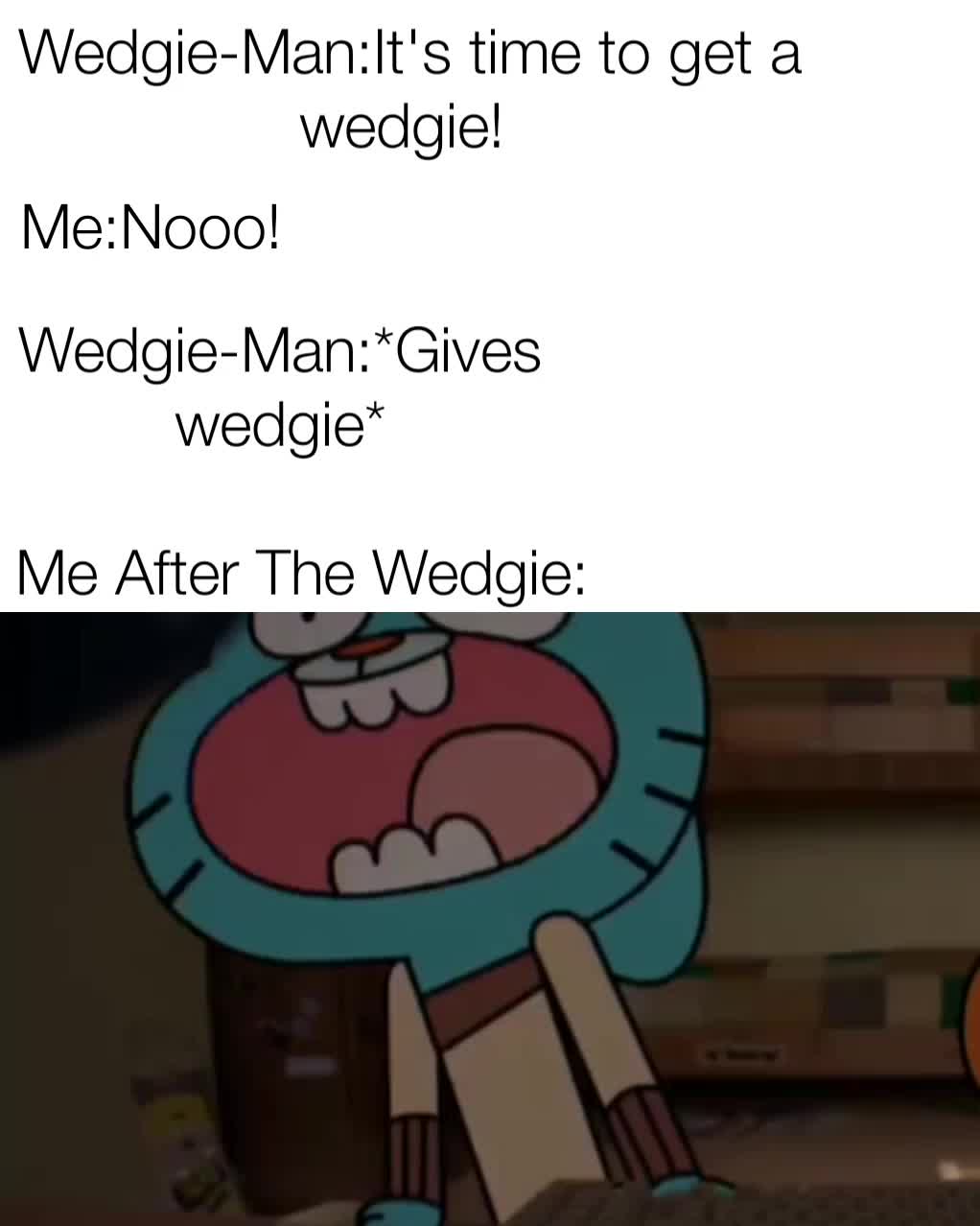 Me:Nooo! Wedgie-Man:It's time to get a wedgie! Wedgie-Man:*Gives wedgie ...
