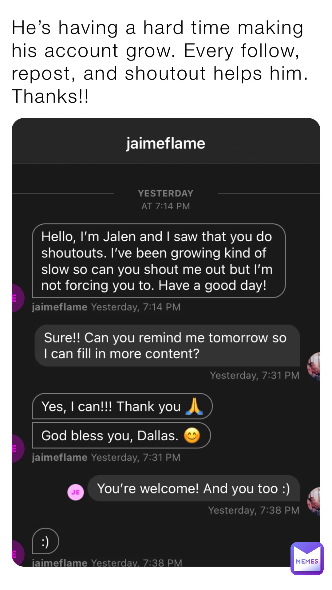 He’s having a hard time making his account grow. Every follow, repost ...