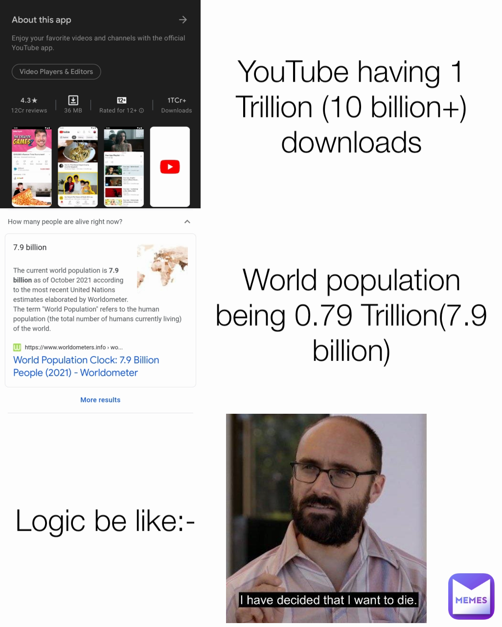 Logic be like:- World population being 0.79 Trillion(7.9 billion ...