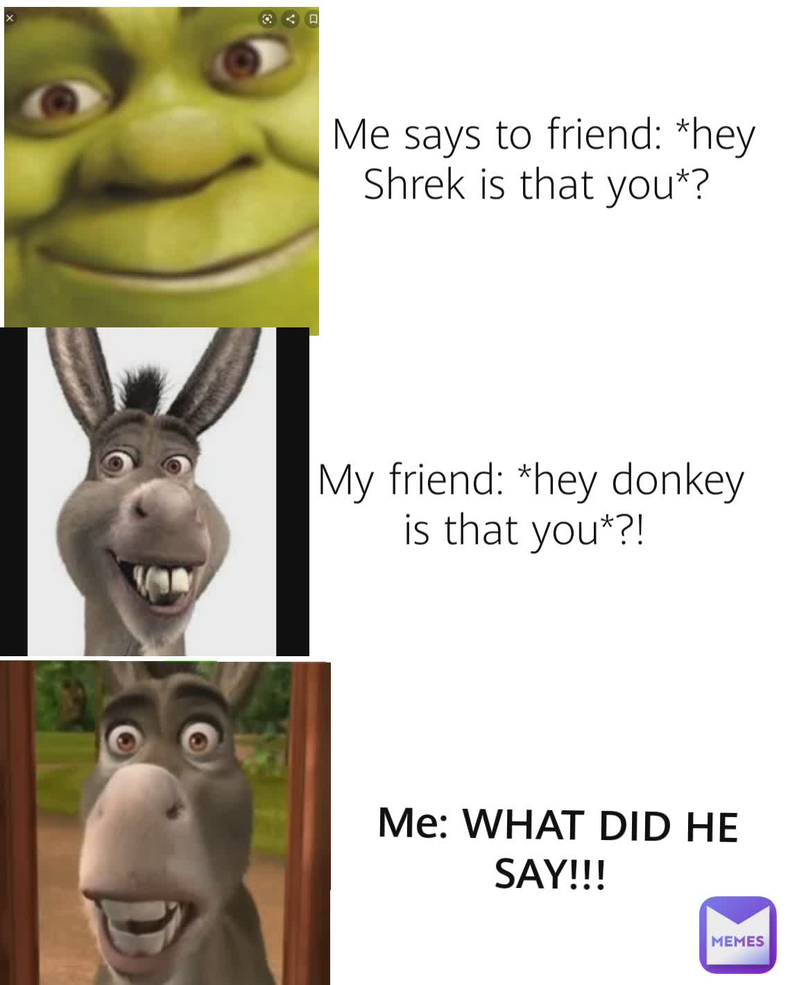 Me says to friend: *hey Shrek is that you*? My friend: *hey donkey is ...