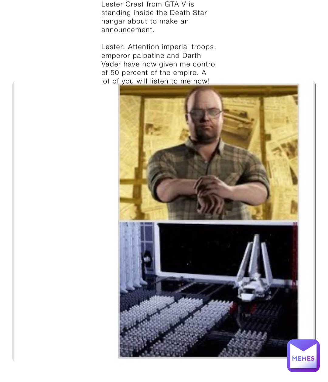 Lester Crest from GTA V is standing inside the Death Star hangar about ...