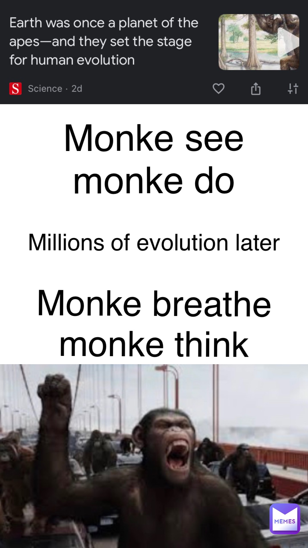 Monke breathe Monke think Millions of evolution later Monke see Monke ...